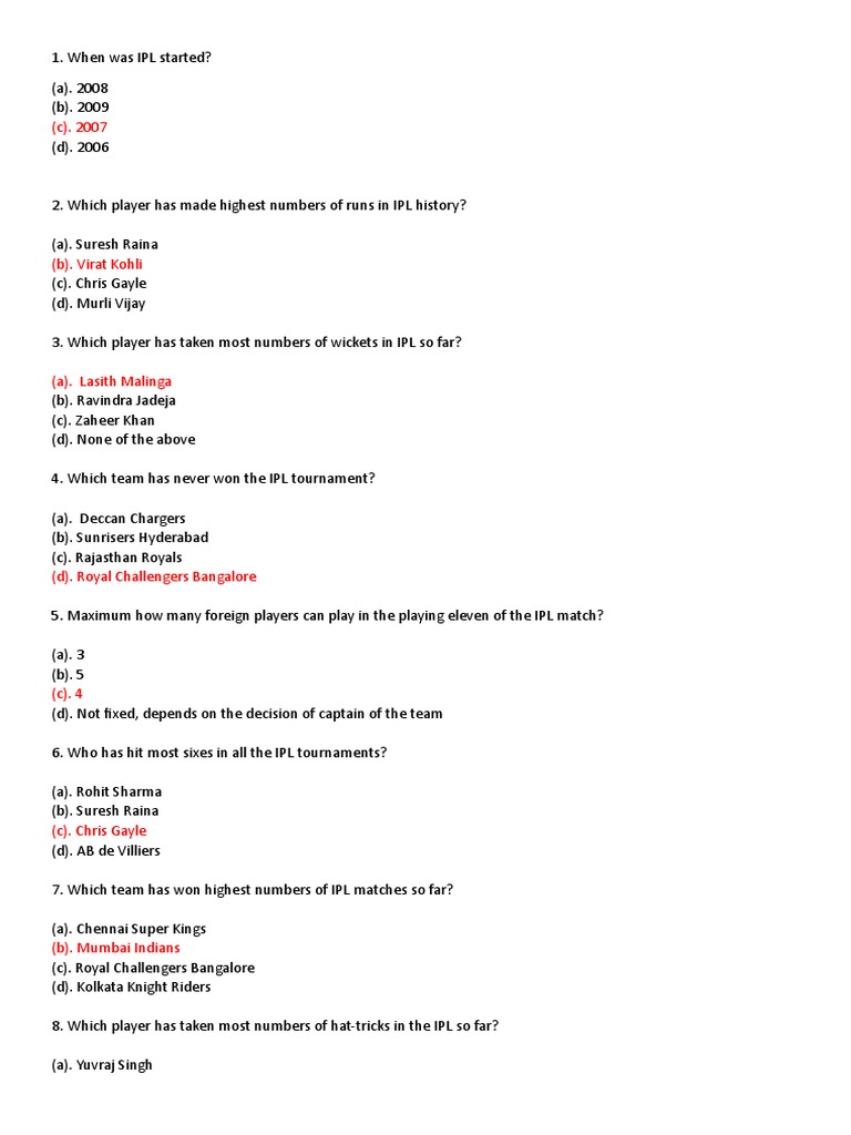 Ipl Quiz Questions | PDF | International Cricket Competitions | Forms ...