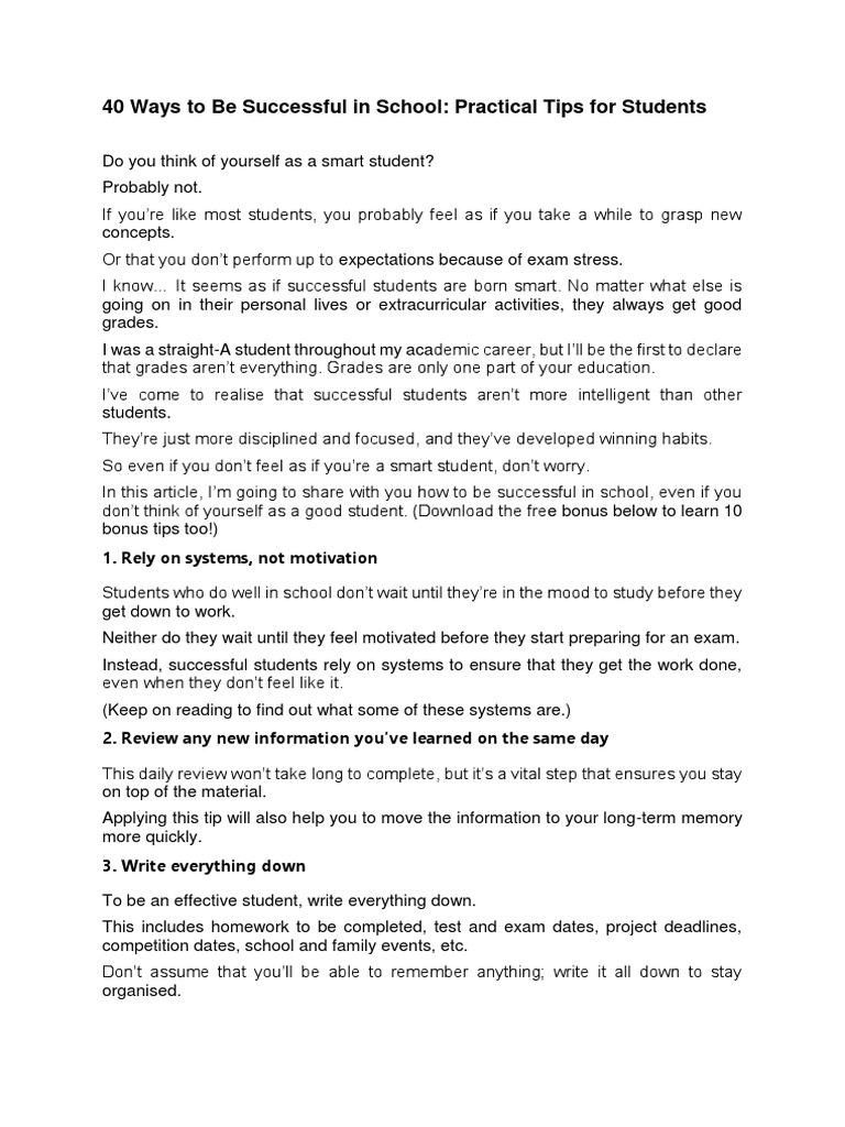 40 Ways To Be Successful in School | Download Free PDF | Homework ...