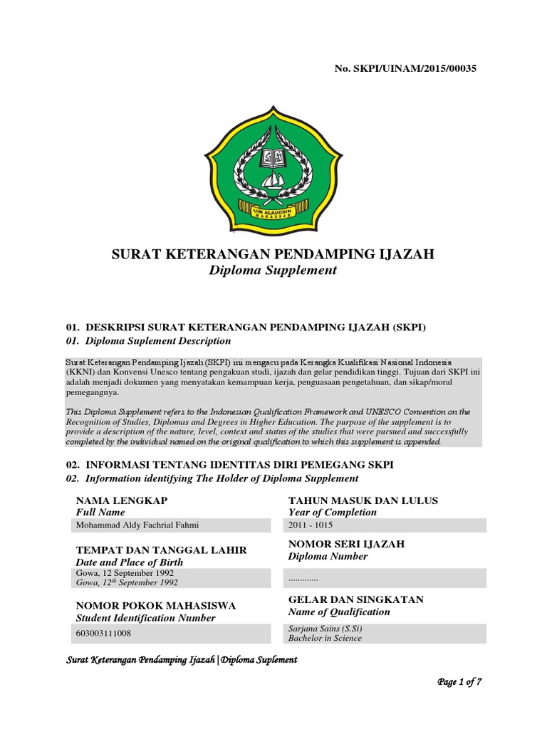 Contoh Isian SKPI LPM UIN | PDF