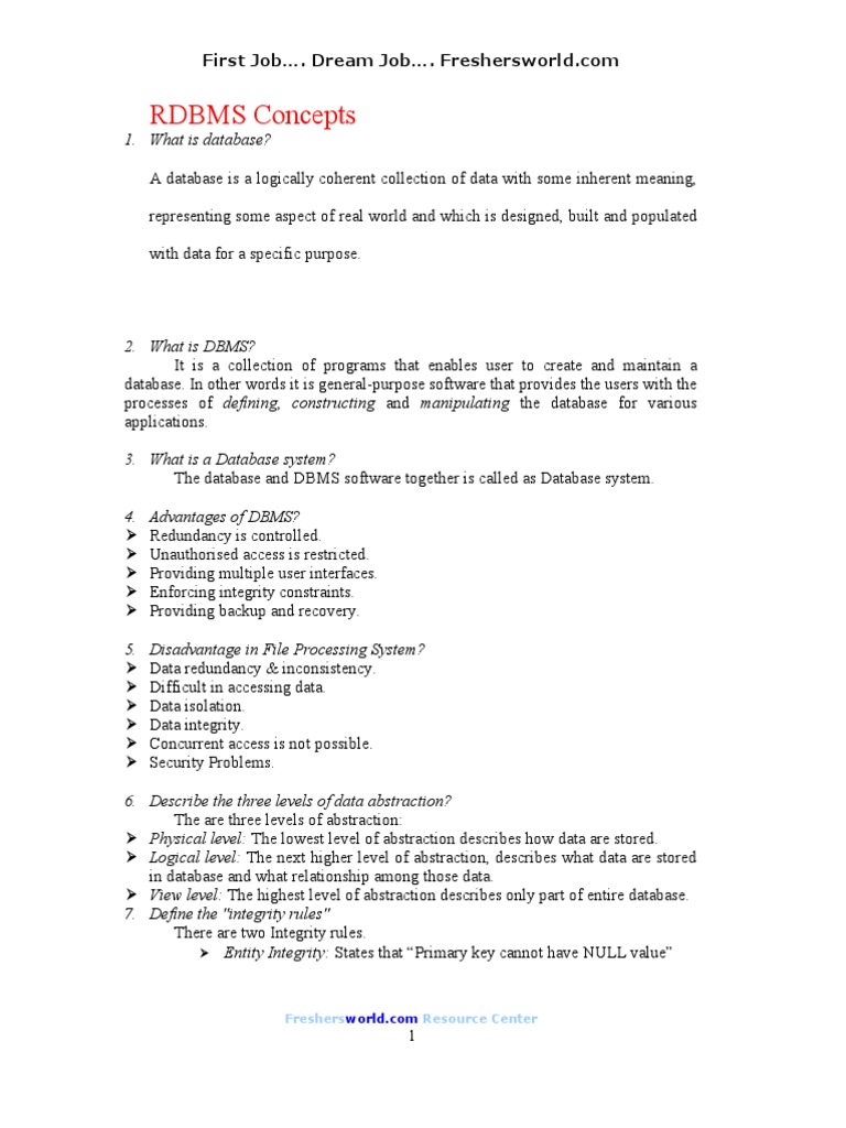 RDBMS Concepts: Freshers Resource Center | PDF | Relational Database ... RDBMS Concepts: Freshers Resource Center | PDF | Relational Database ...