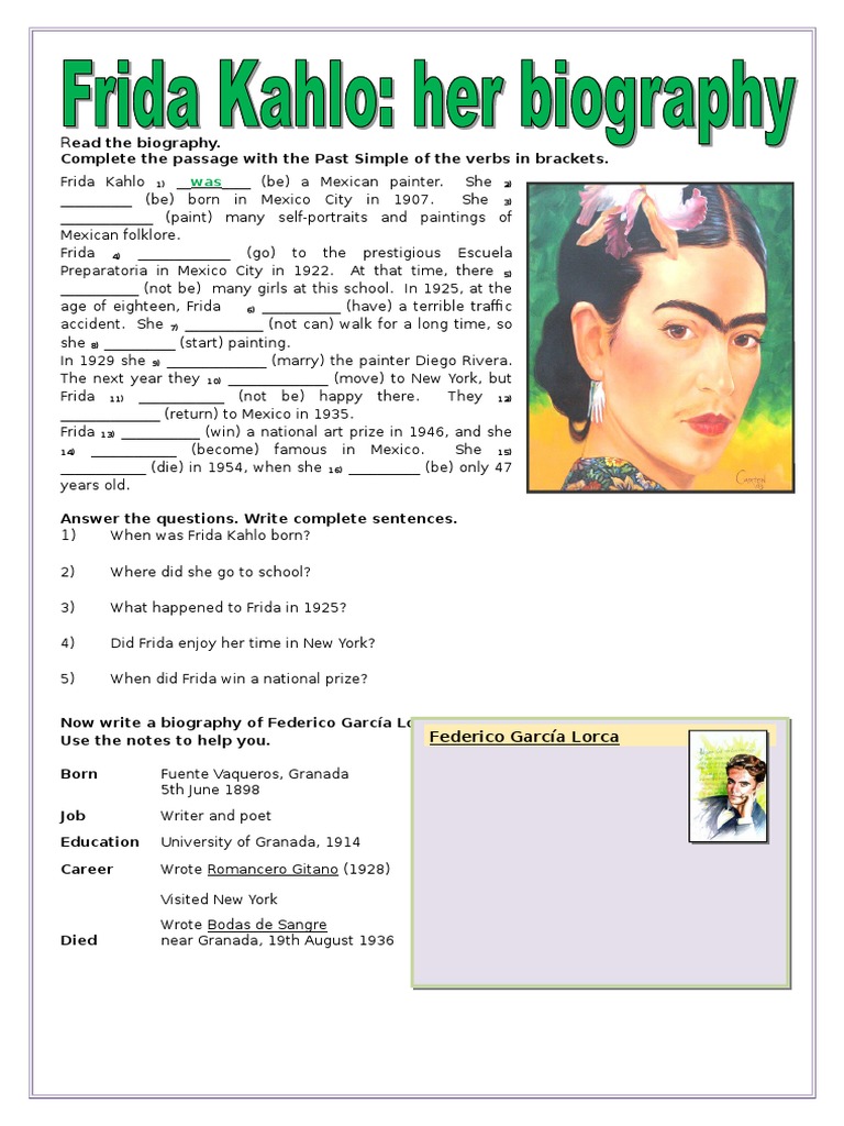 Frida Kahlo Her Biography Grammar Drills Information Gap Activities ...