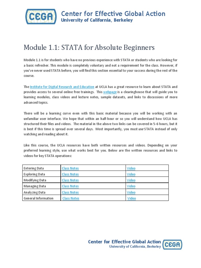 Module 1 1 Stata For Beginners PDF Video Data