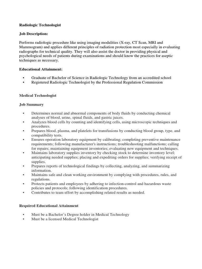 Radiologic Technologist Job Description | PDF