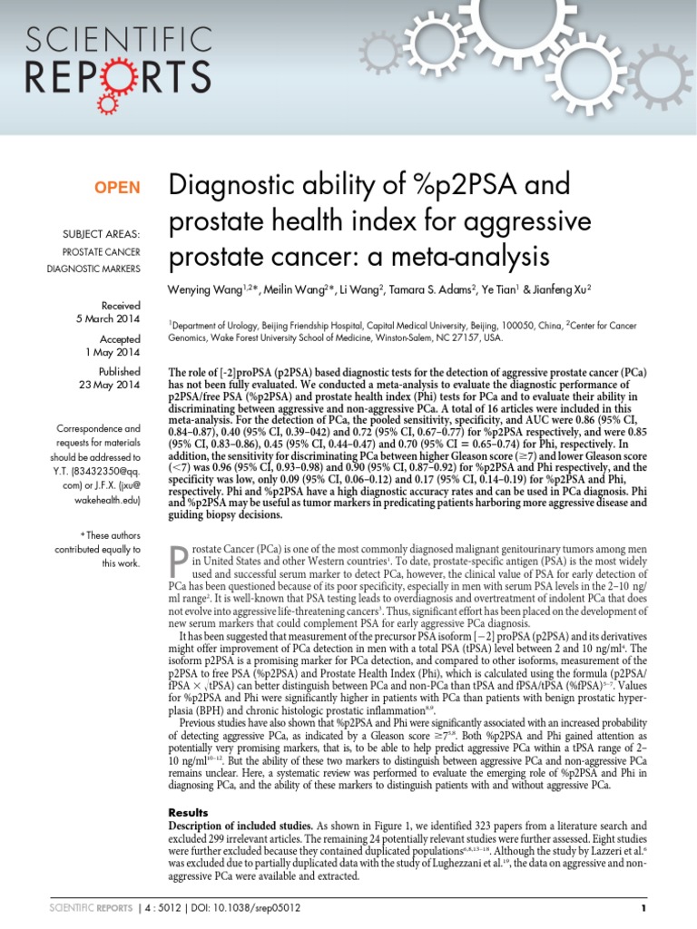 Diagnostic Ability of %p2PSA and Prostate Health Index For Aggressive ...