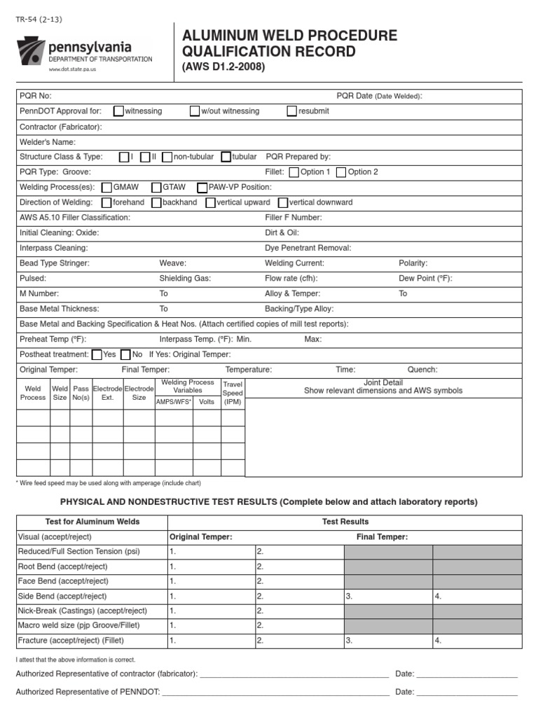 Aluminum Weld Procedure Qualification Record: (AWS D1.2-2008) | PDF ...