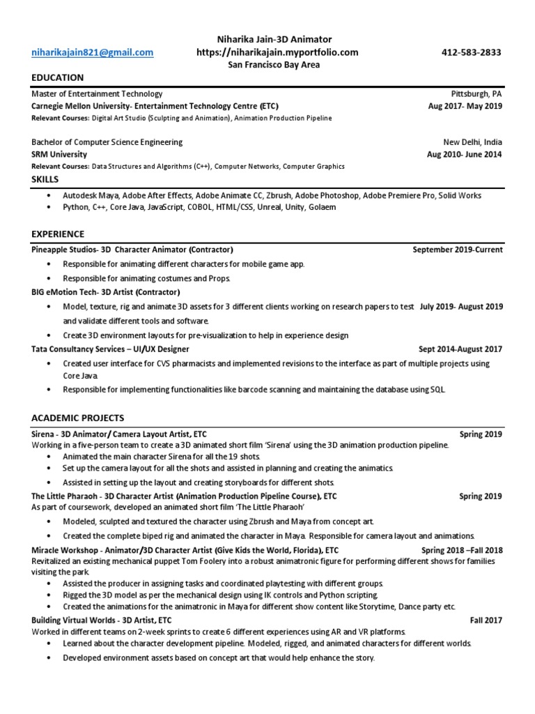 Resume Niharika Jain-2019 | PDF | 3 D Computer Graphics | Animation