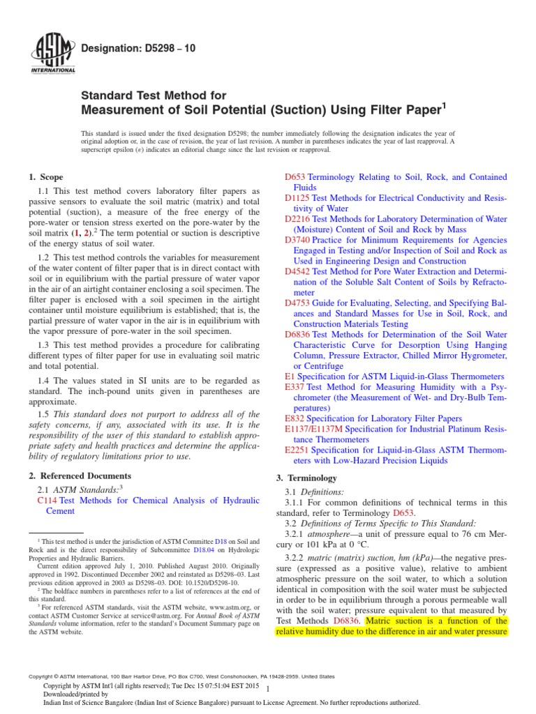 2-Astm d5298.10910. Suction Measurement-Filter Paper MTD PDF | PDF ...
