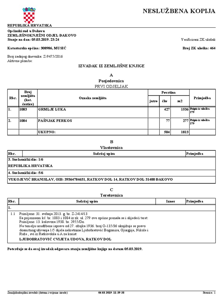 Katastarska Općina: 308986, Musić-Broj ZK Uloška: 464-Izvadak Iz Zemljišne Knjige | PDF