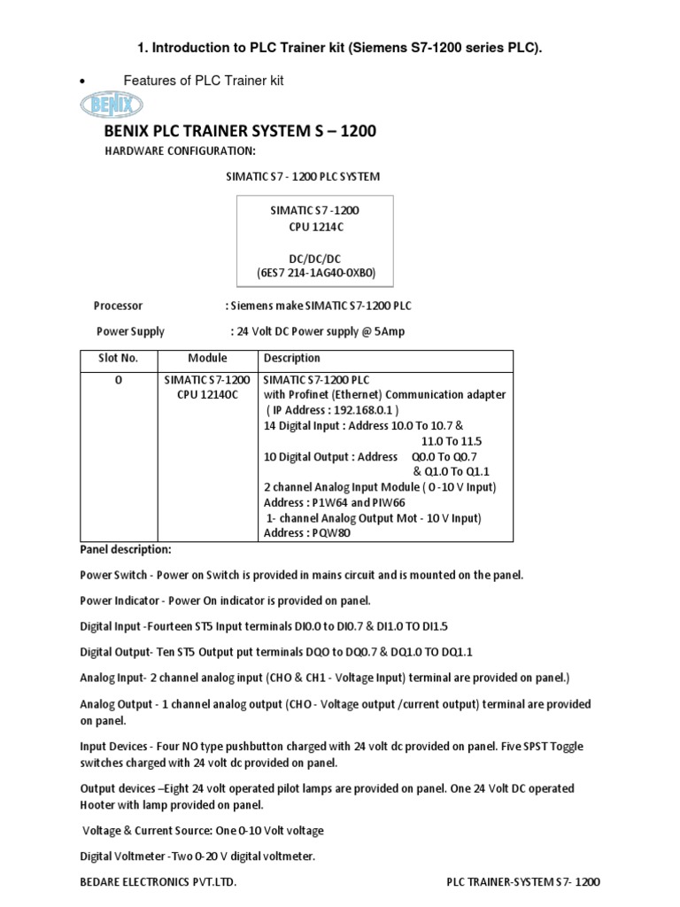 Introduction to PLC Trainer kit with Siemens S7-1200 CPU 1214C | PDF | Programmable Logic ...