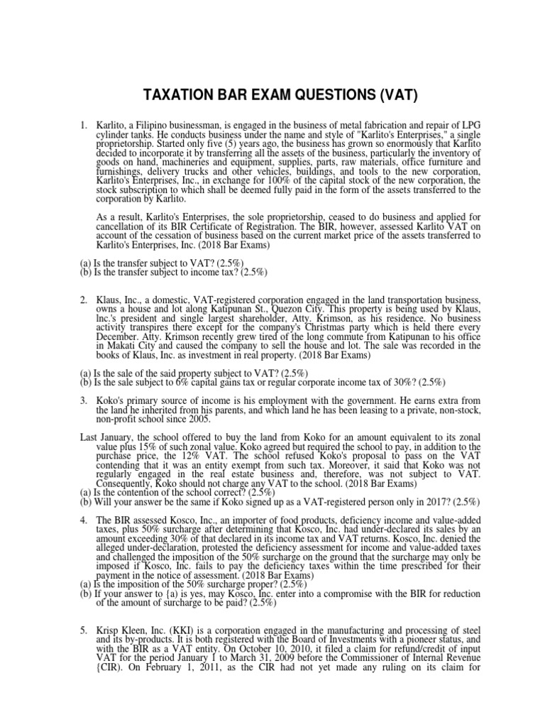 VAT Exam Questions and Analysis | PDF | Value Added Tax | Receipt