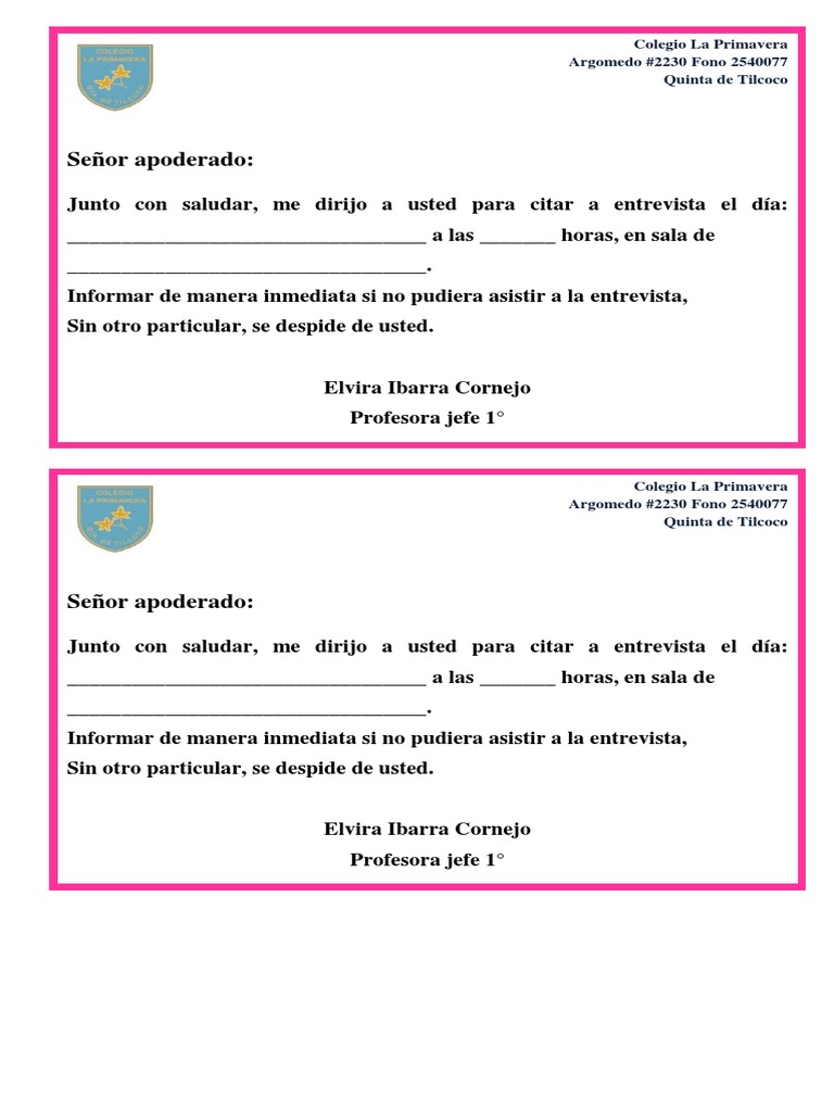Cita entrevista apoderado colegio La Primavera | PDF