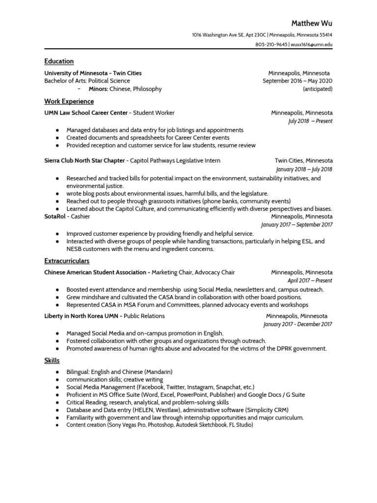 Resume - Matthew Wu | PDF | University Of Minnesota | Social Media