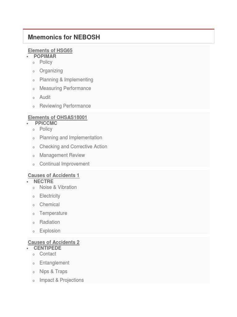 Mnemonics For NEBOSH | PDF | Risk Assessment | Personal Protective ...