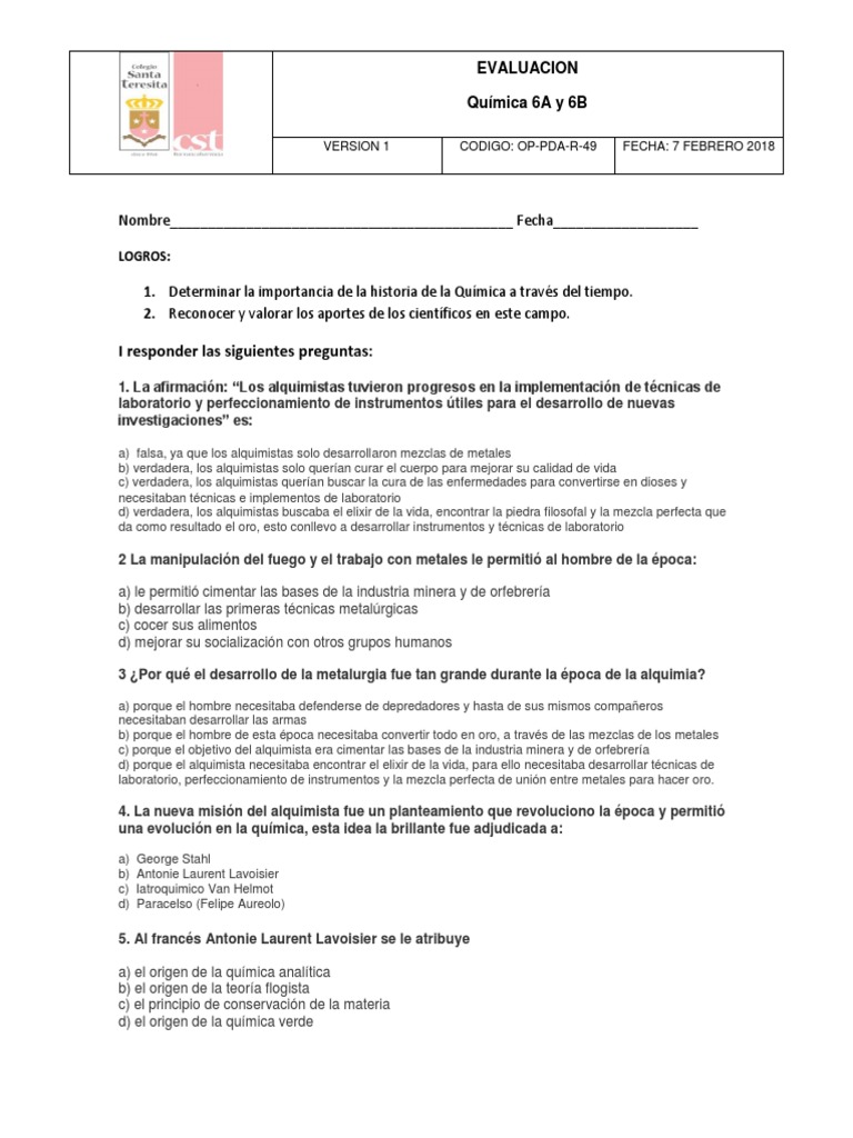 Quiz Quimica 6 Pdf Alquimia Química