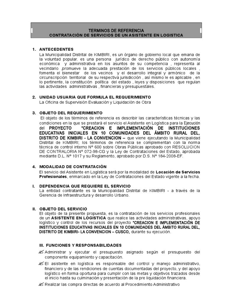 TDR Asistente en Logistica | PDF | Presupuesto | Gobierno local