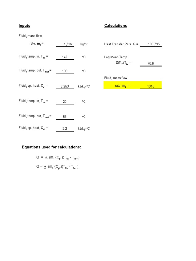 Inputs Calculations: Q + (M) (C) (T - T) Q + (M) (C) (T - T) | PDF