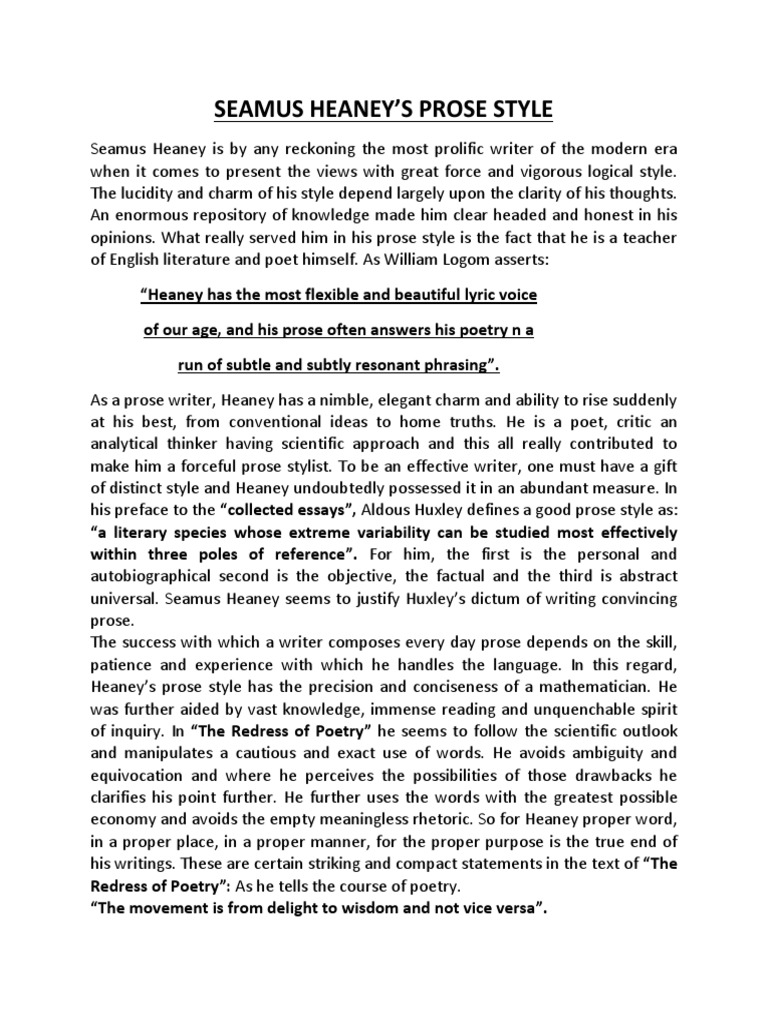 Seamus Heaney's Prose Style | PDF | Poetry | Romanticism