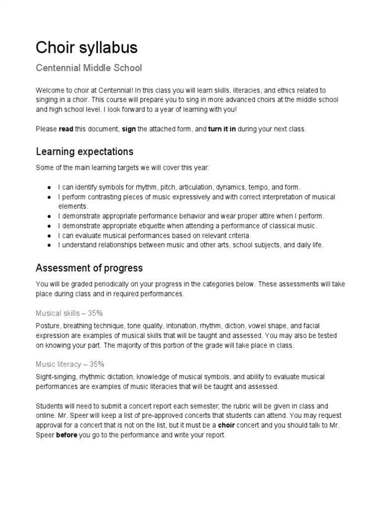 Centennial Middle School Choir Syllabus | PDF | Singing | Choir