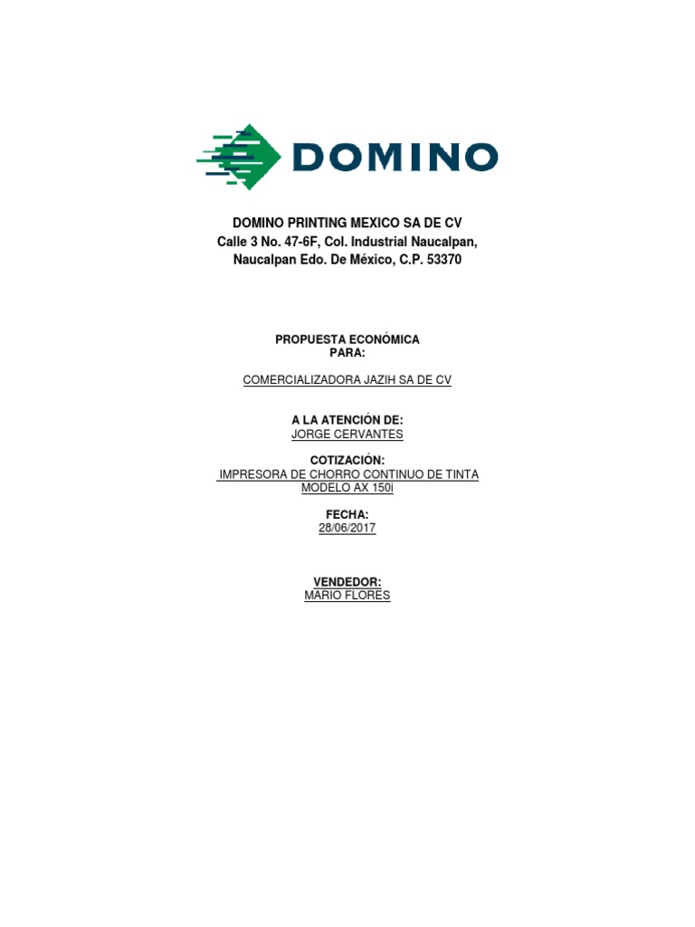 Mi-9883 Cotizacion X 1 Ax150 Domino para Comercializadora Jazih | PDF ...