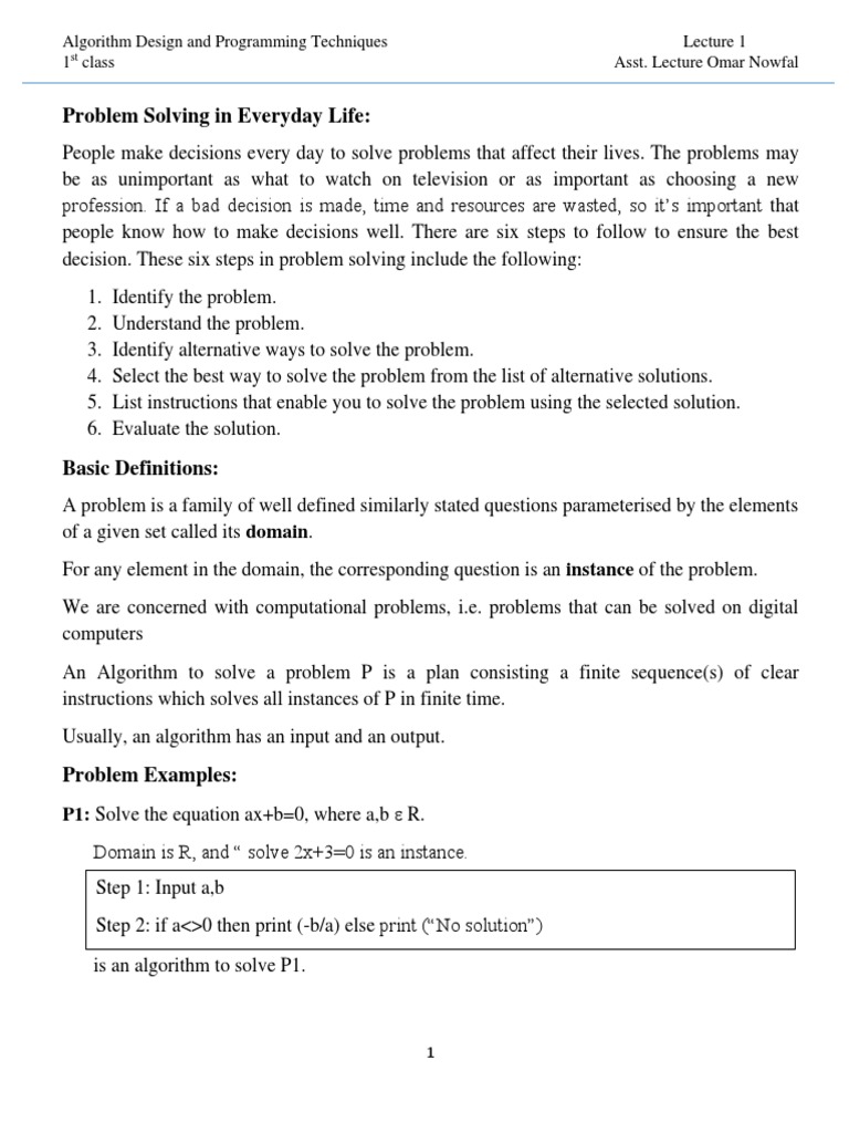Problem Solving in Everyday Life:: P1: Solve the equation ax+b=0, where ...
