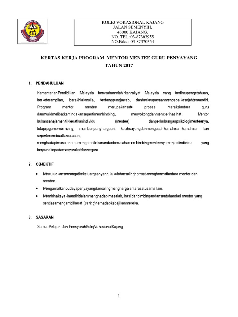 Kertas Kerja Progrm Mentor Mentee 2017 | PDF