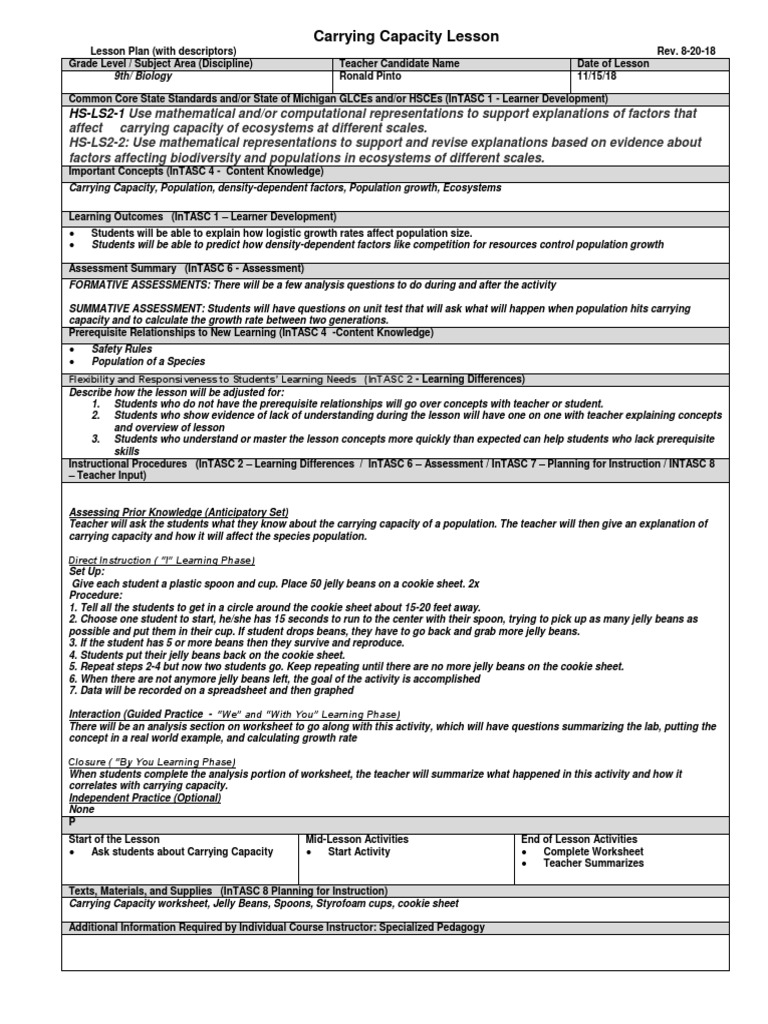 Carrying Capacity Lesson | PDF | Educational Assessment | Learning