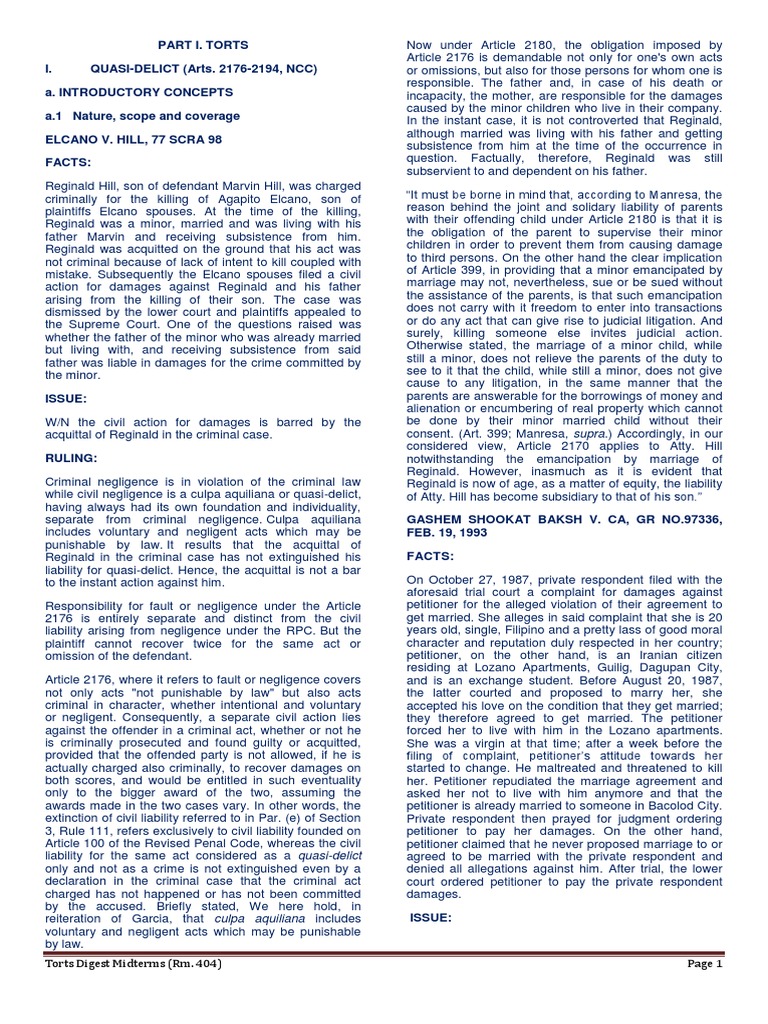 Torts Digest: Quasi-Delict Cases Analysis | PDF | Negligence | Tort