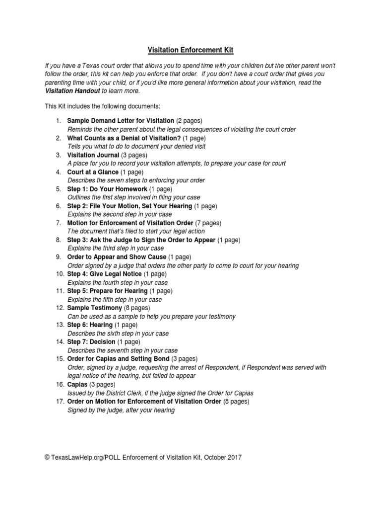 Visitation Enforcement Kit Complete October 2017 Final | PDF | Contact ...