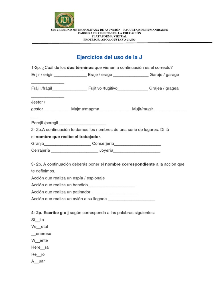 Ejercicios Del Uso de La J | PDF