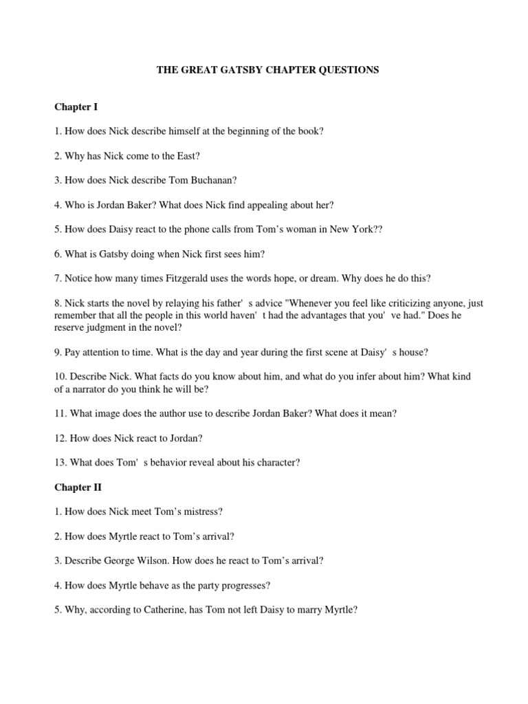 Great Gatsby Chapter Questions Guide | PDF | The Great Gatsby