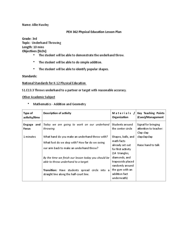 3rd Grade Underhand Throw Lesson Plan | PDF | Behavior Modification ...