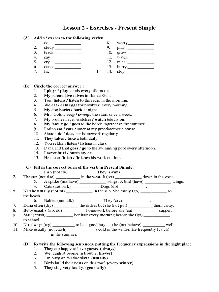 Lesson 2 - Exercises - Present Simple: (A) Add S / Es / Ies To The ...