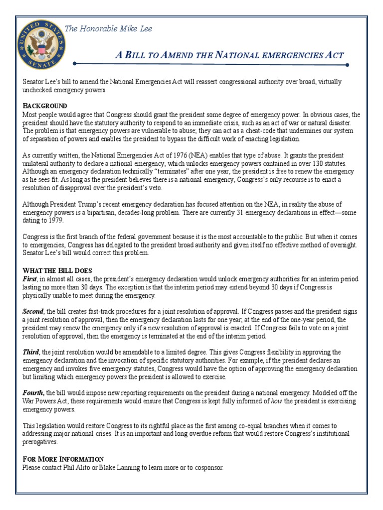 One Pager On NEA Reform Bill | PDF | State Of Emergency | United States ...