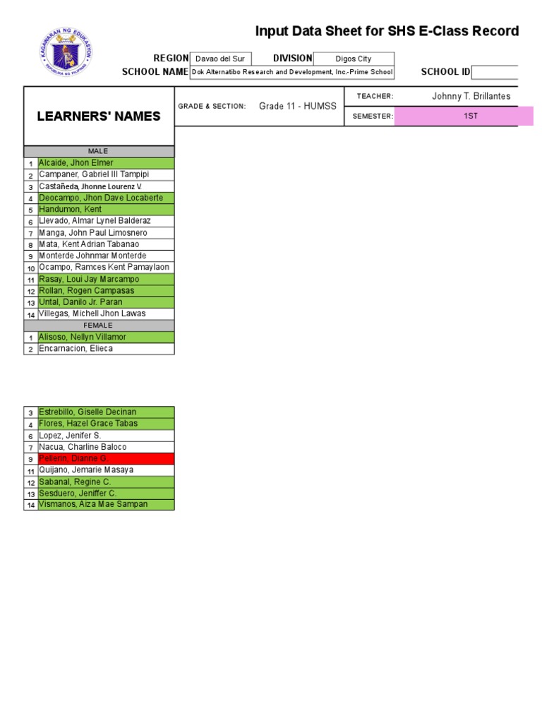 SHS E-Class Record: Input Data Sheet for Grade 11 - HUMSS Class on Disciplines and Ideas in the ...