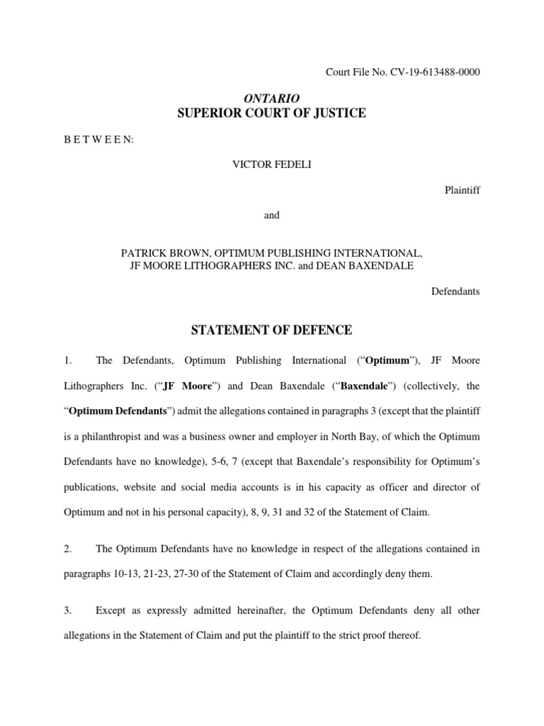 Statement of Defence - Optimum Publishing March 2019 | PDF | Pleading ...