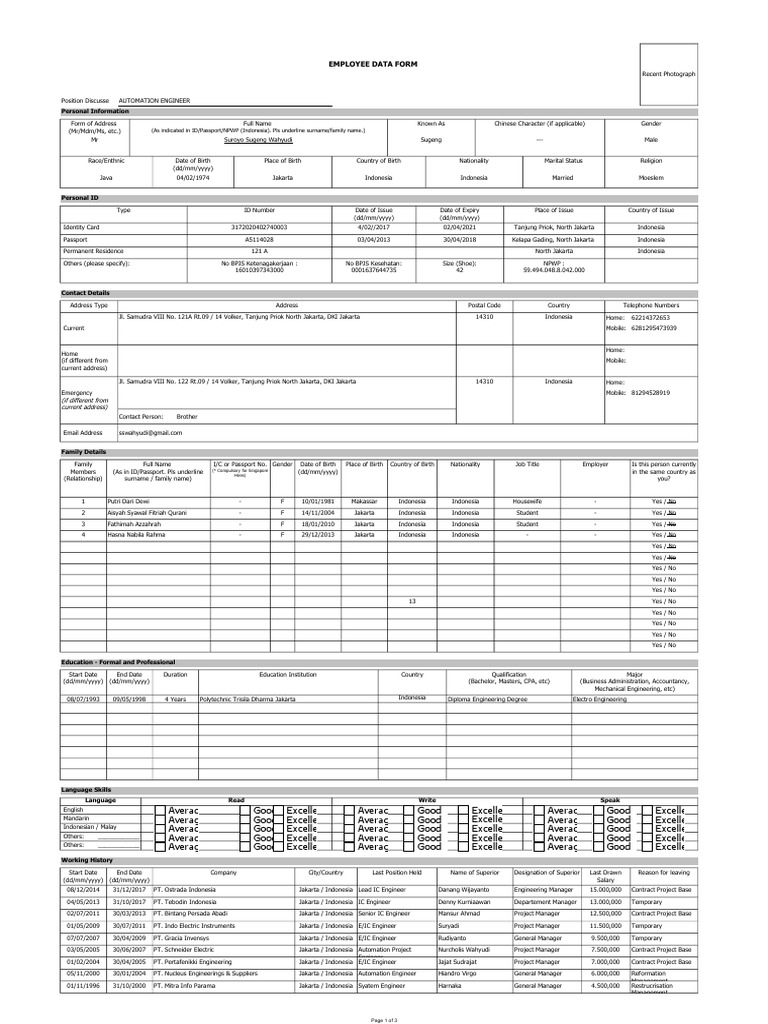 1 - Employee Data Form - English | PDF | Identity Document | Engineer