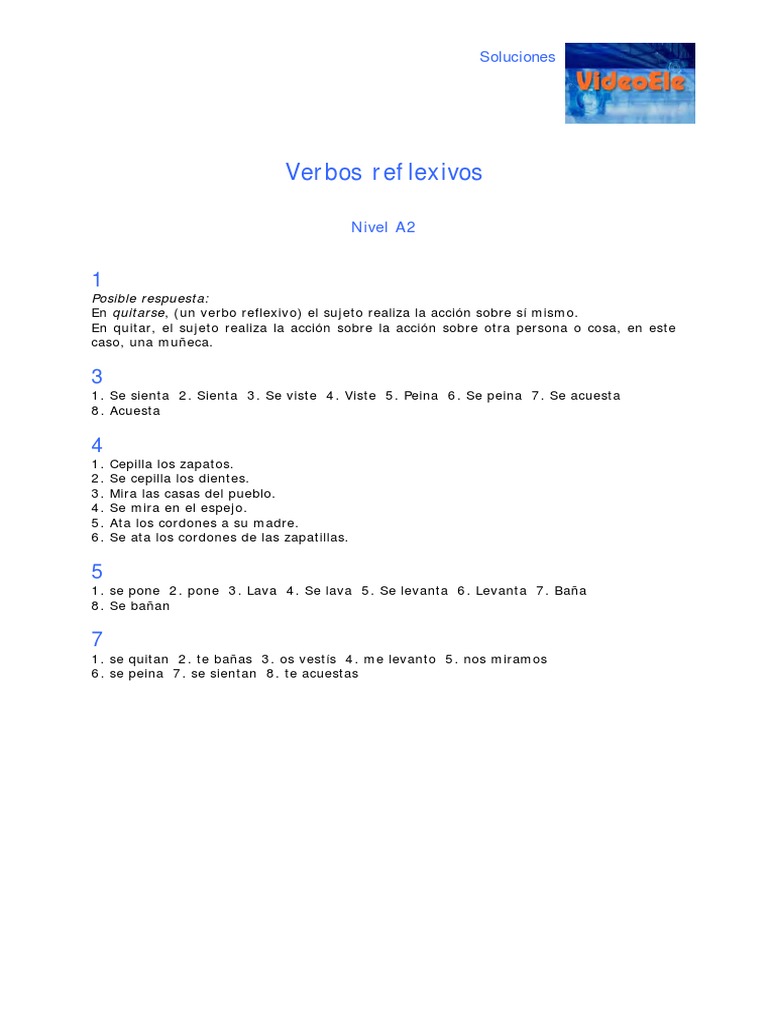 Verbos Reflexivos en Español A2 | PDF