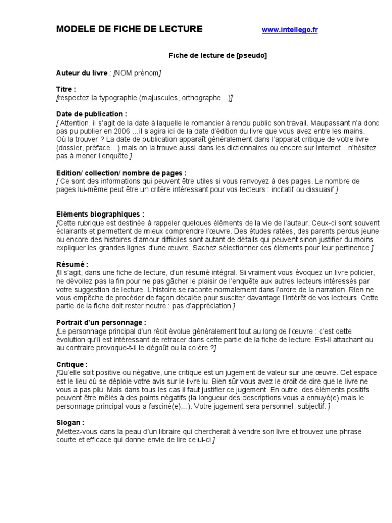Modele de Fiche de Lecture | Livres | Édition