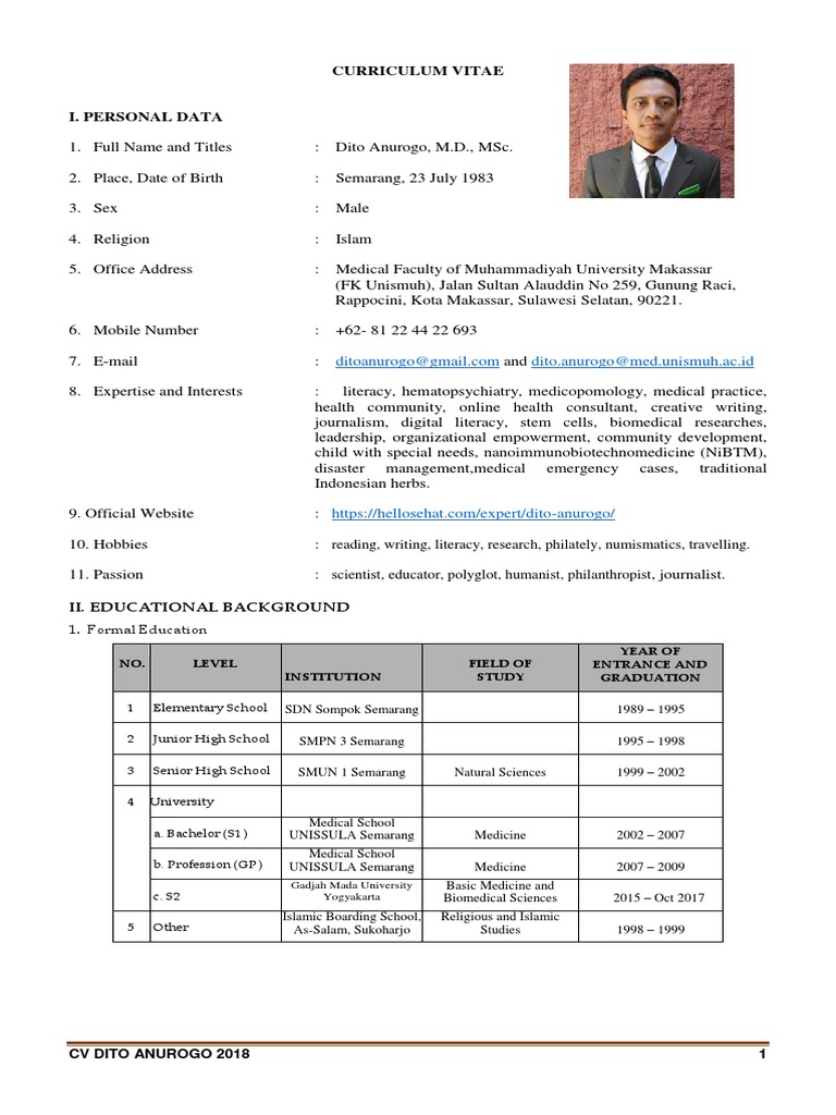 2018 CV PDF Dito Anurogo | PDF | Regenerative Medicine | Medical School