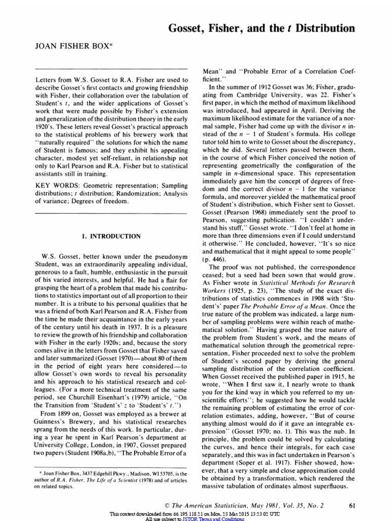Gosset Fisher and T Distribution | PDF | Probability Theory ...