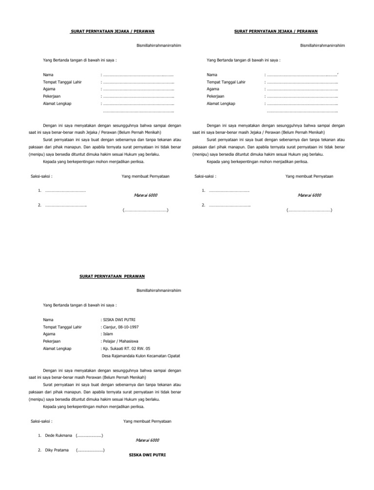 Contoh Surat Pernyataan Jejaka/perawan Untuk Menikah | PDF