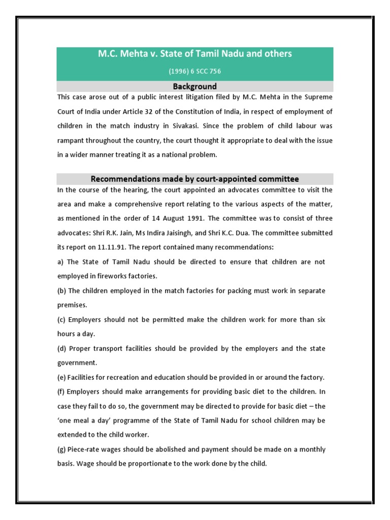 M C Mehta Vs State of Tamil Nadu | PDF | Child Labour | Supreme Court Of India