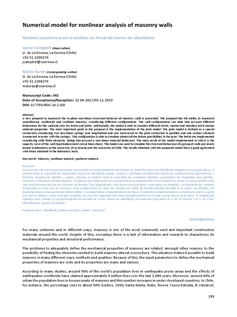 Numerical Model For Nonlinear Analysis of Masonry Walls | PDF | Masonry | Strength Of Materials