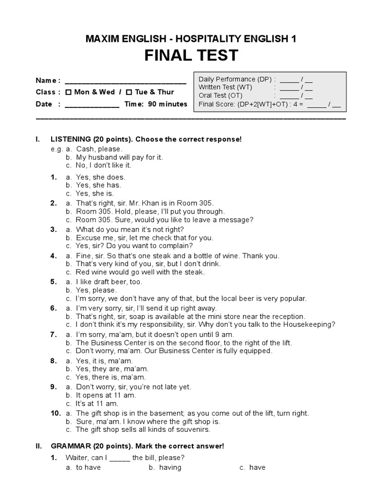 Final Test Be My Guest | PDF
