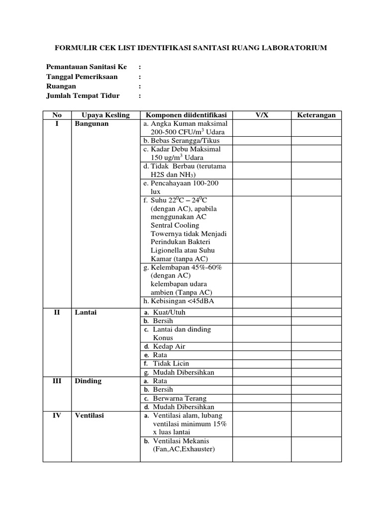 Formulir Cek List Identifikasi Sanitasi Laboratorium | PDF
