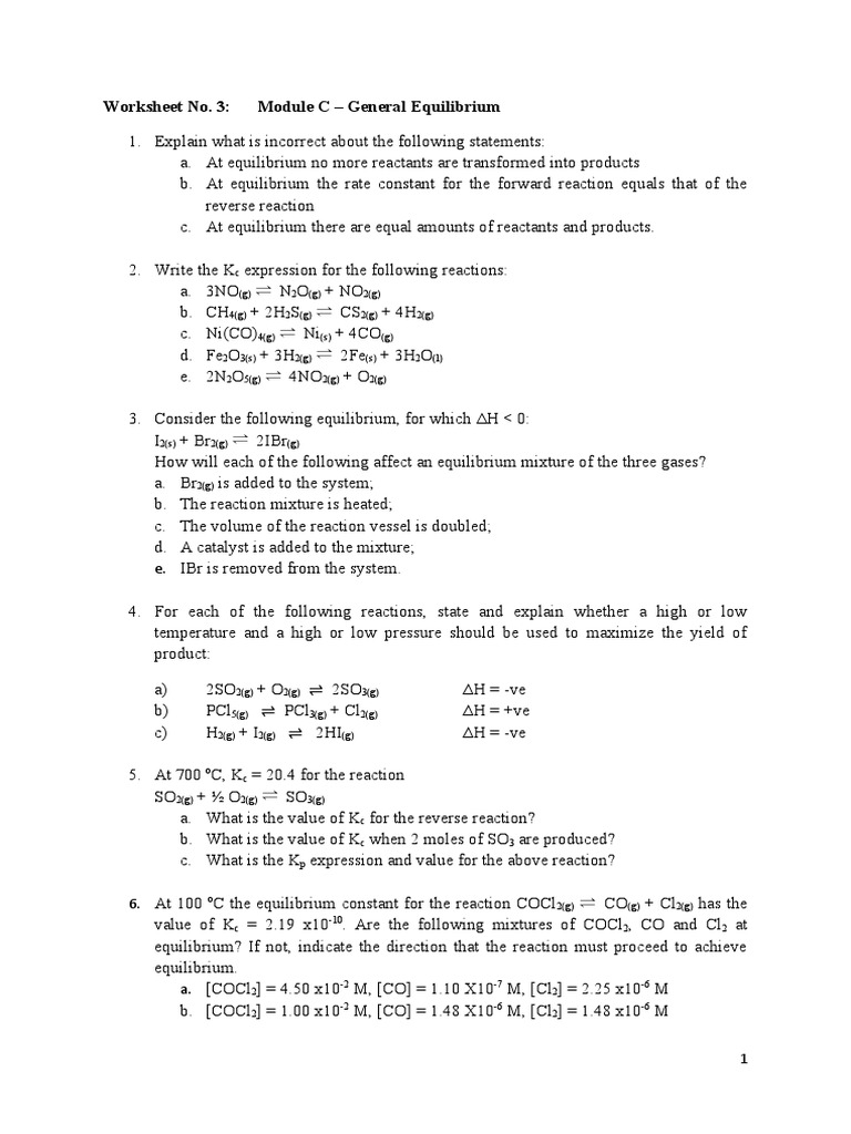 Worksheet 2018 | PDF | Chemical Equilibrium | Chemical Reactions