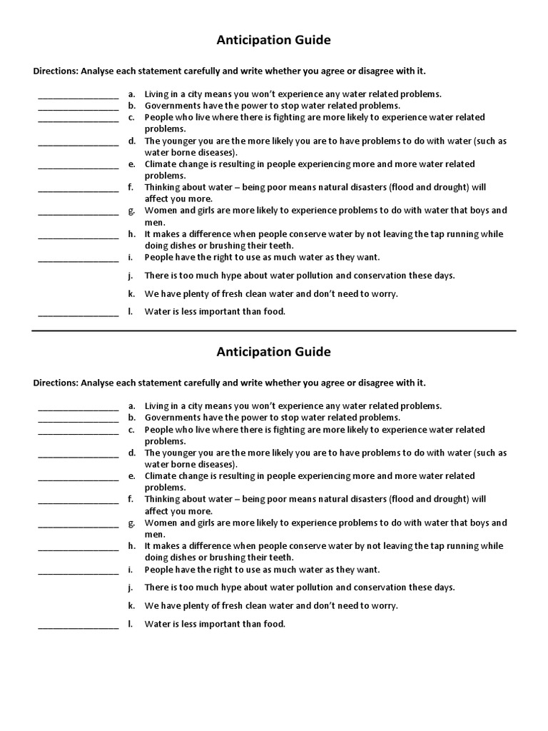 Anticipation Guide: Directions: Analyse Each Statement Carefully and ...