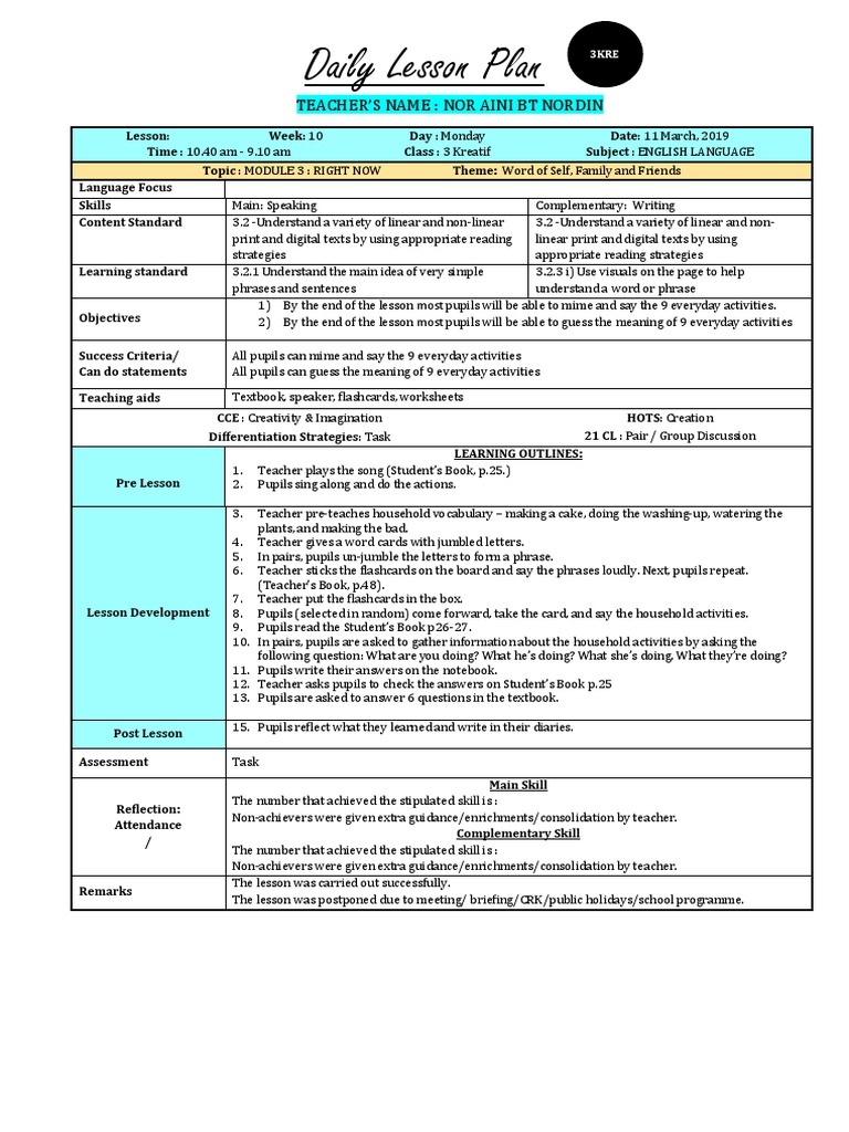 W10 Isnin | PDF | Lesson Plan | Behavior Modification