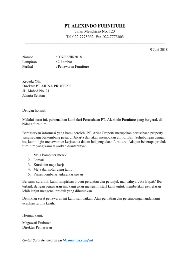 Surat Penawaran Furniture PT Alexindo | PDF