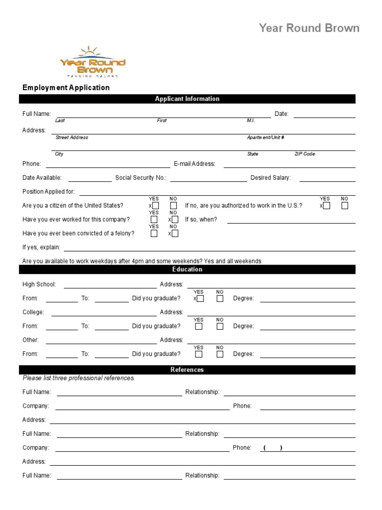 Year Round Brown: Employment Application | PDF | Employment | Business
